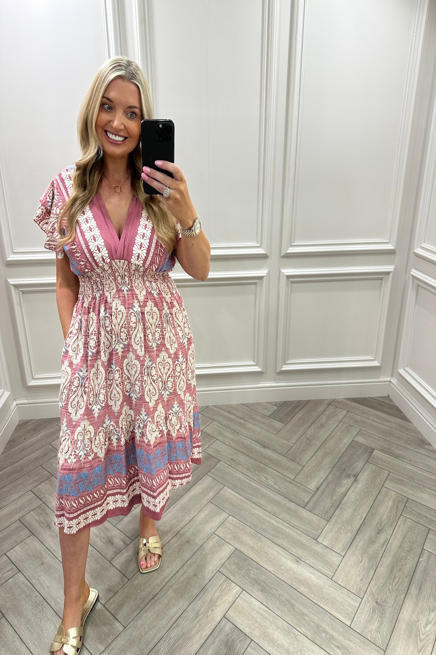 Grace Pink Shirred Midi Dress - Want That Trend
