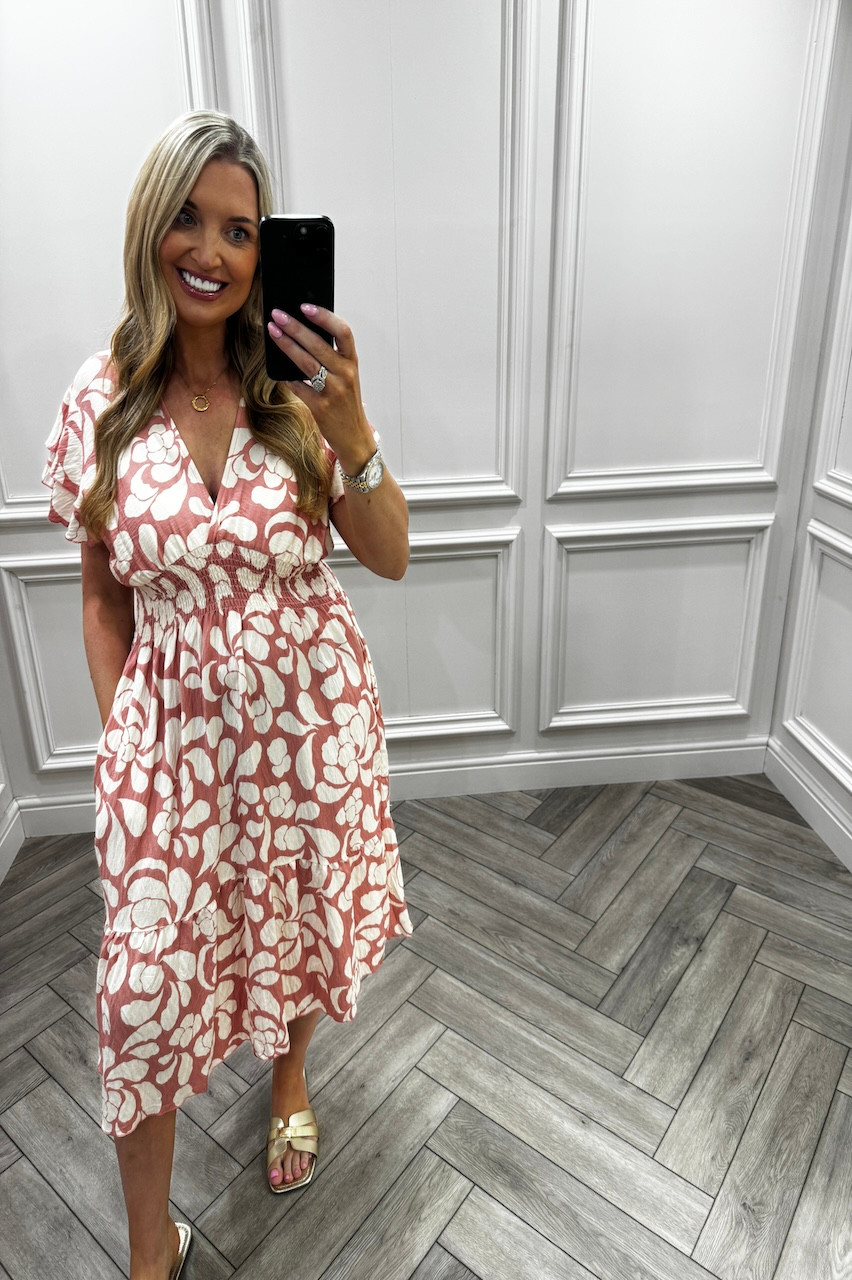 Katie Pink Shirred Midi Dress - Want That Trend