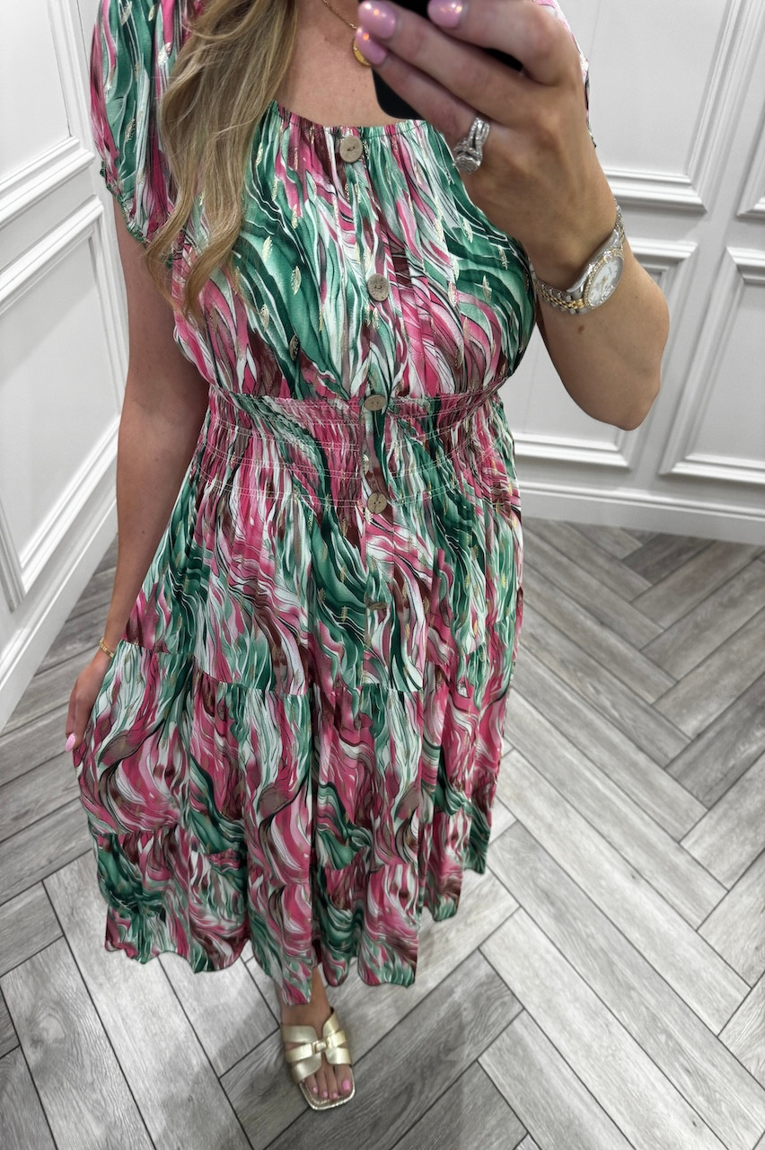Mikayla Green & Pink Shirred Midi Dress - Want That Trend
