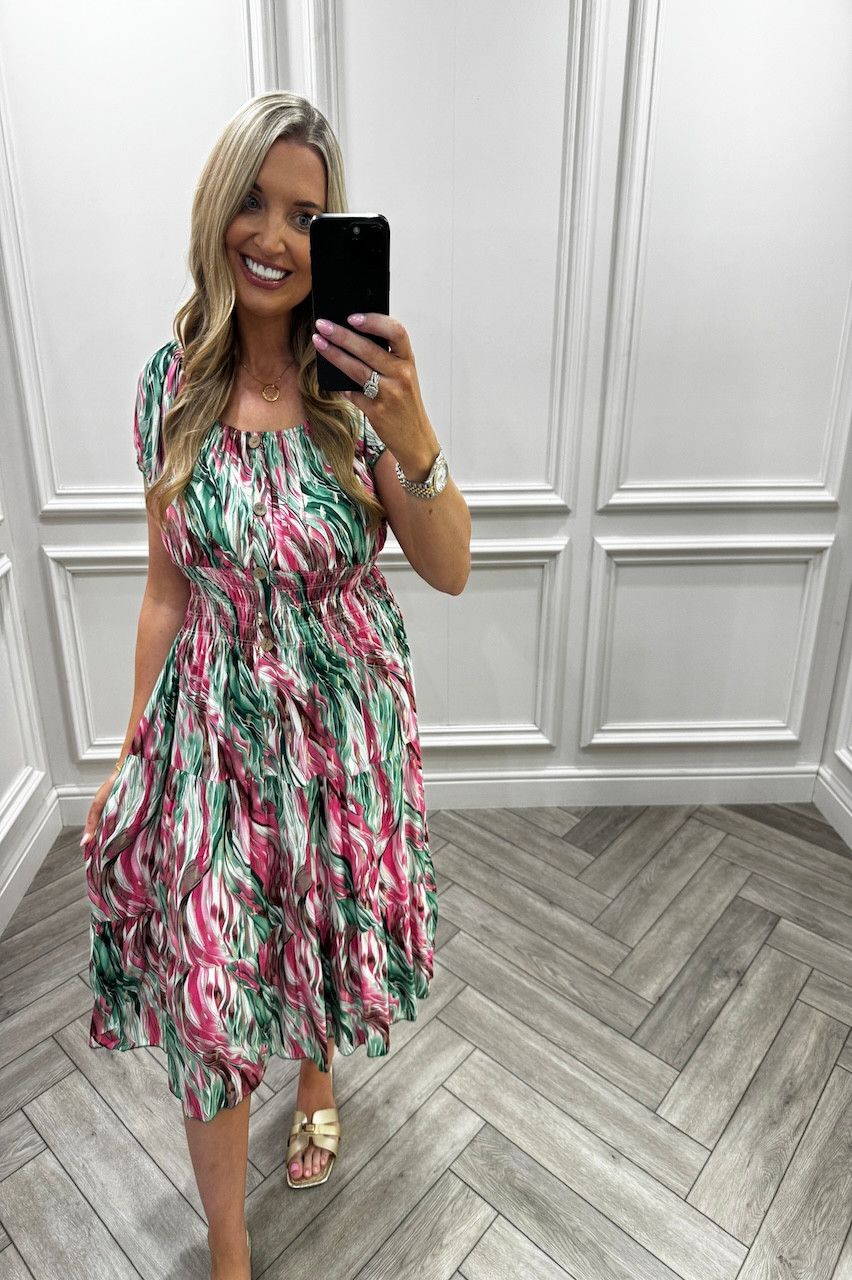 Mikayla Green & Pink Shirred Midi Dress - Want That Trend