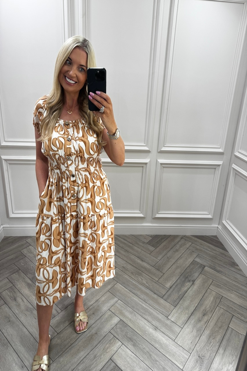 Adeline Tan Shirred Midi Dress - Want That Trend