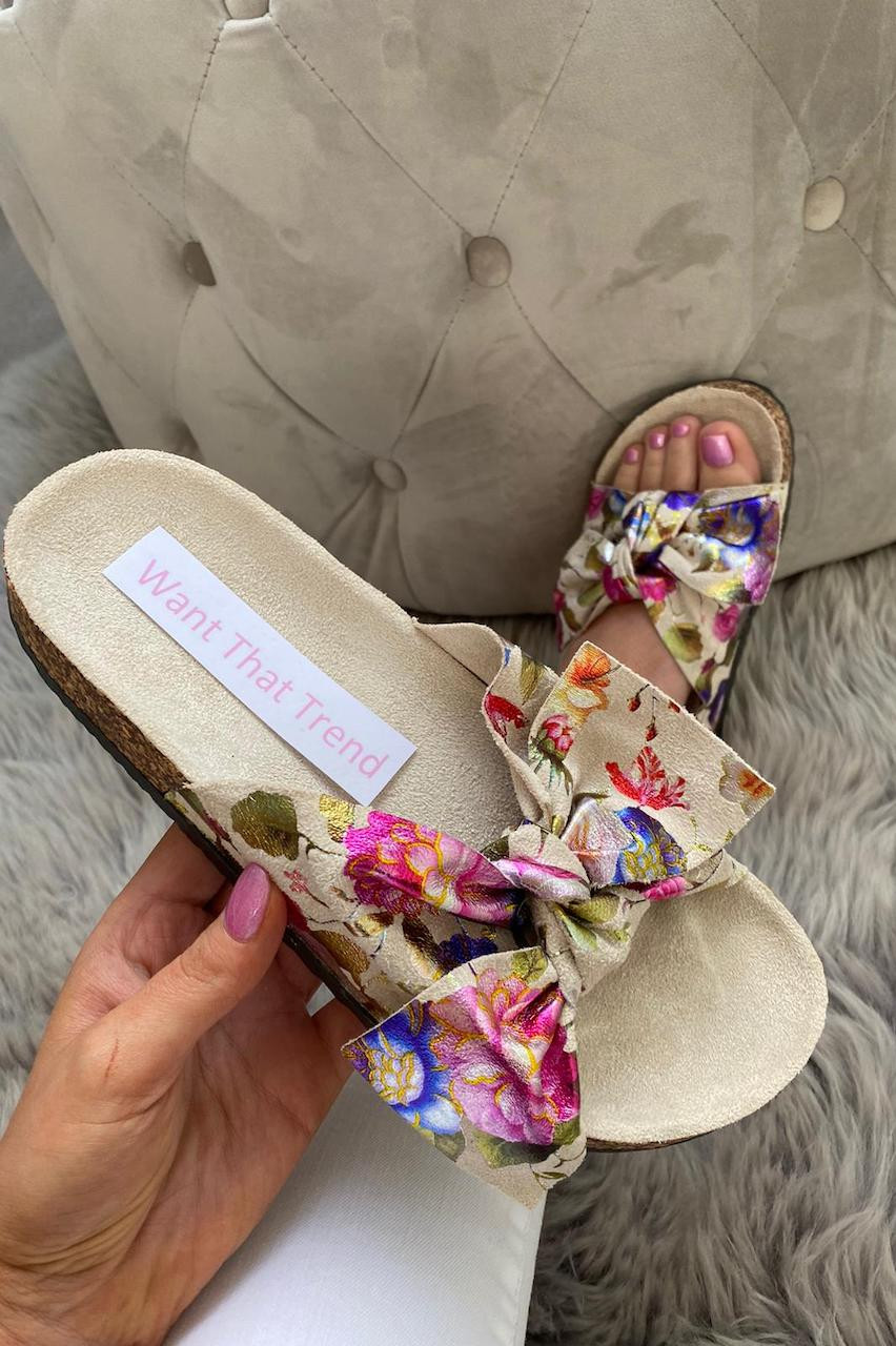 Cream Floral Bow Sliders - Want That Trend
