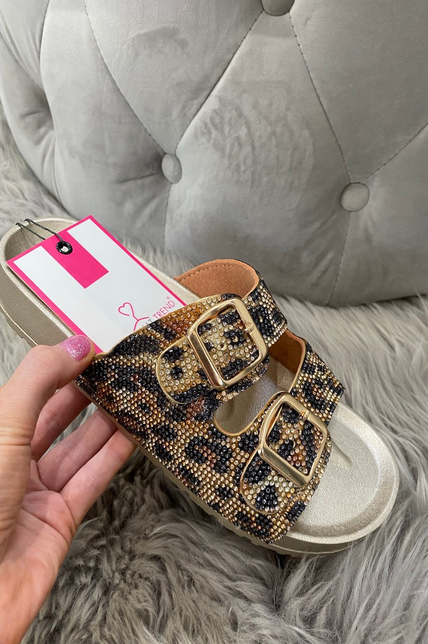 Leopard Buckle Diamond Sliders - Want That Trend