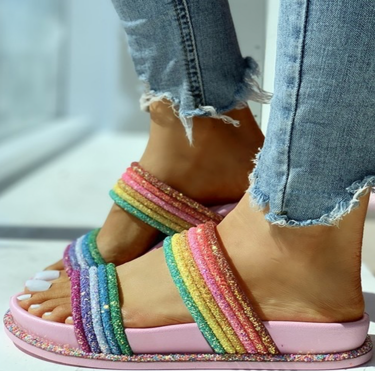 Luxury Pink Rainbow Glitter Sliders - Want That Trend