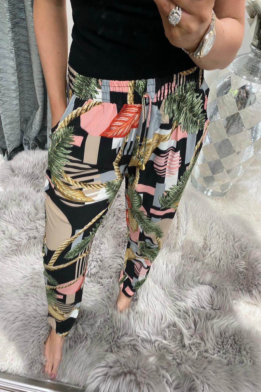 Black Pattern Floral Chain Elasticated Trousers - Want That Trend