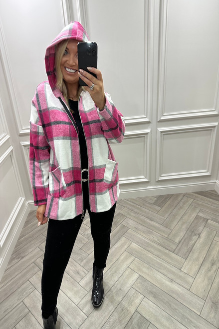 Paddington Pink, Black & White Check Hooded Jacket - Want That Trend
