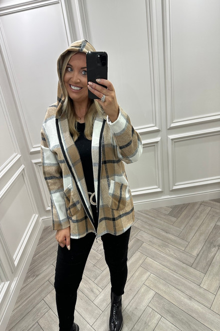 Paddington Tan, Beige & White Check Hooded Jacket - Want That Trend