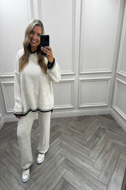 Lucia Cream Contrast Stitch Detail Loungewear Set - Want That Trend