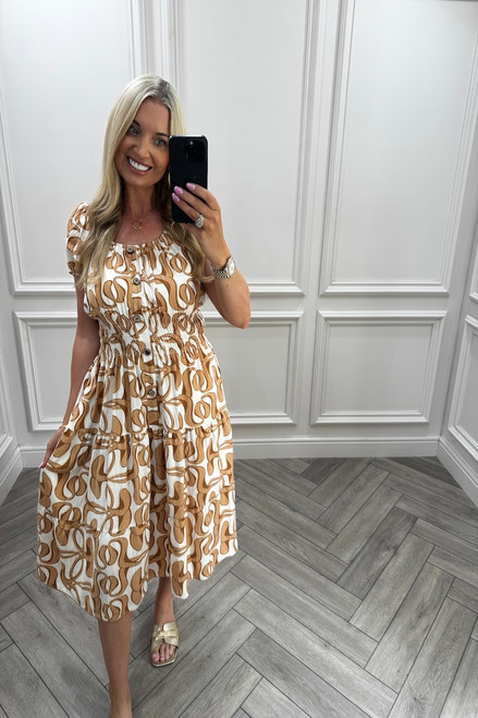 Adeline Tan Shirred Midi Dress - Want That Trend