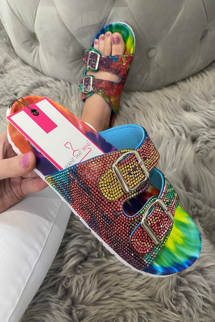Rainbow Buckle Diamond Sliders - Want That Trend