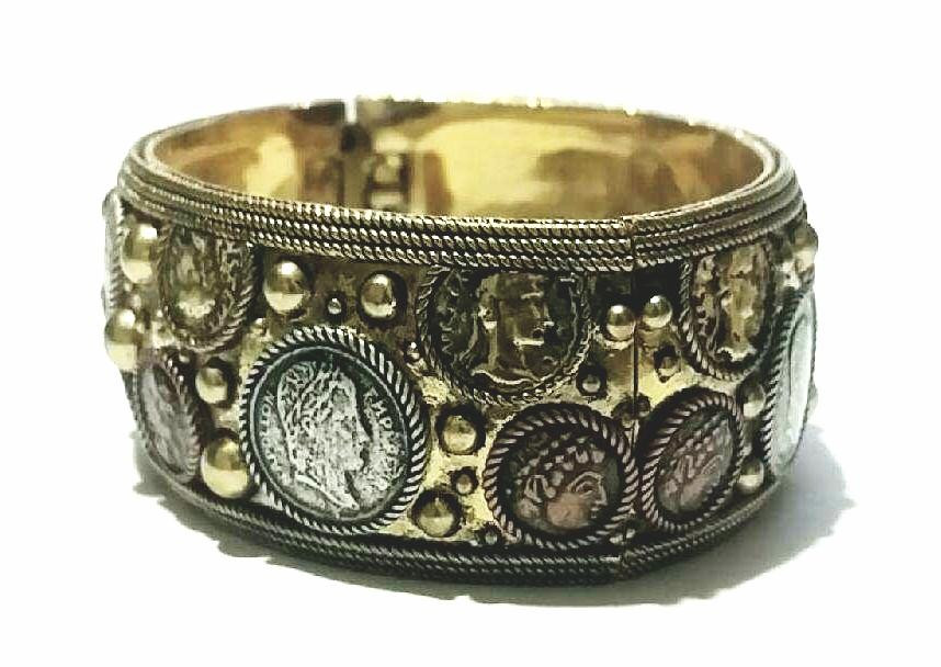 CAROLEE Byzantine Antiqued Gold Coins Statement Clamper Bangle Bracelet ...