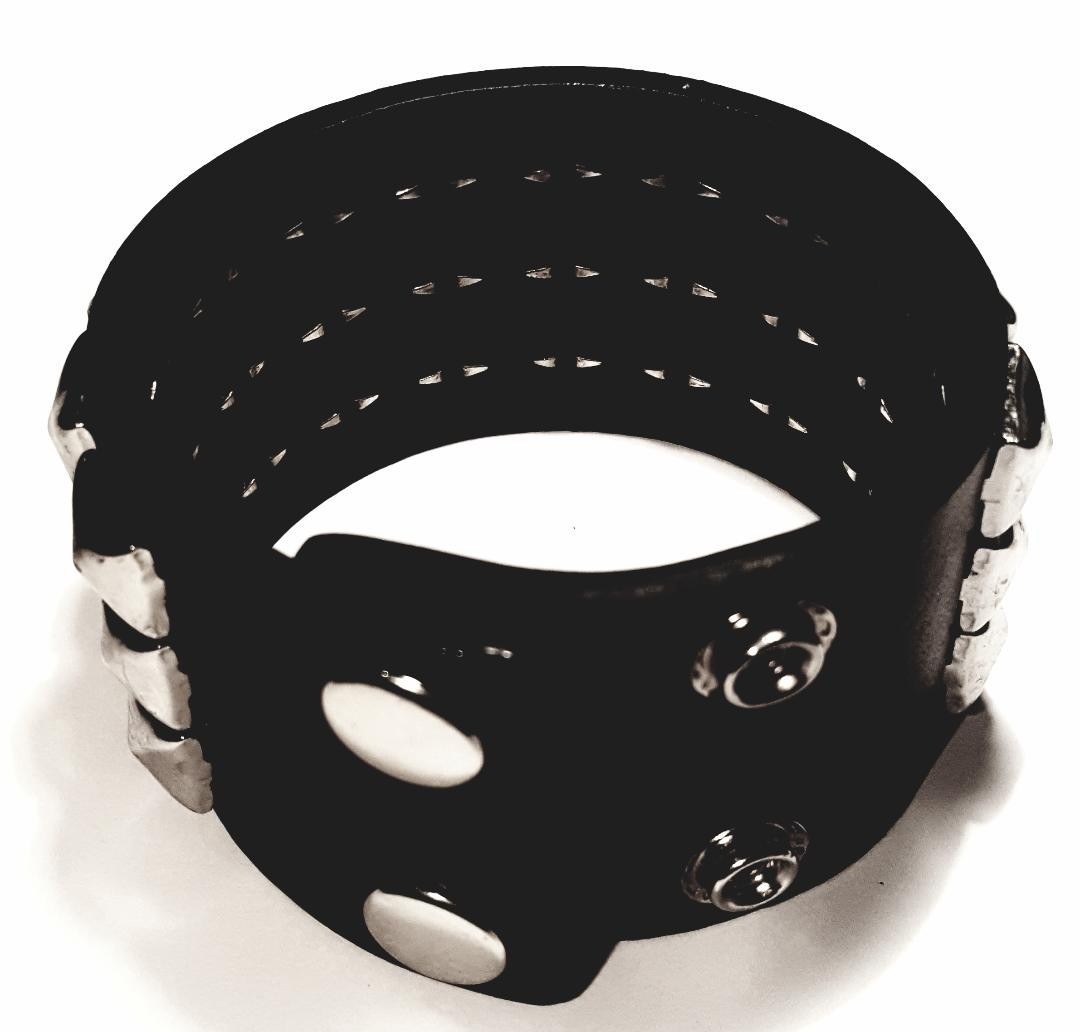 HT Leather and Spikes Wide Snap Closure Bracelet - New - thethingsyouwear