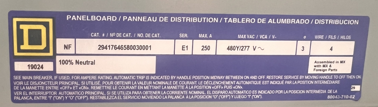 Square D NF 29417646580030001 Main Breaker Panelboard 250A 480Y/277V ...
