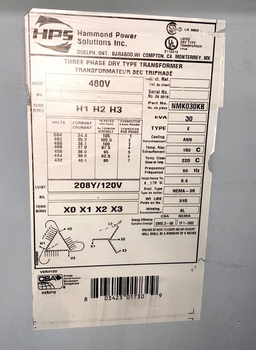 Hammond Power Solutions NMK030KB Transformer 30KVA Primary: 480 ...