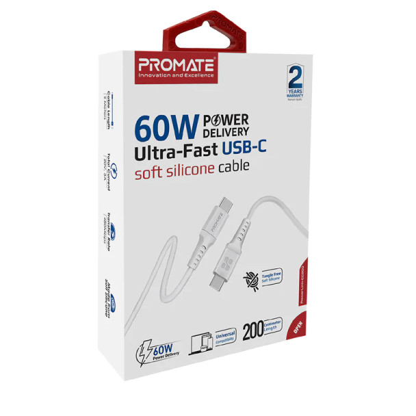 Promate 60W Power Delivery Ultra-Fast USB-C Soft Silicon Cable , White ...