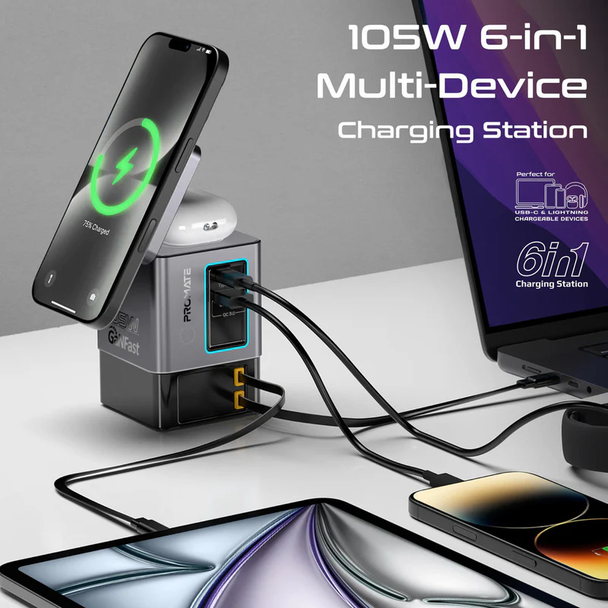 Promate 105W GaNFast™ Multi-Port Wireless Charging Station with Dual ...