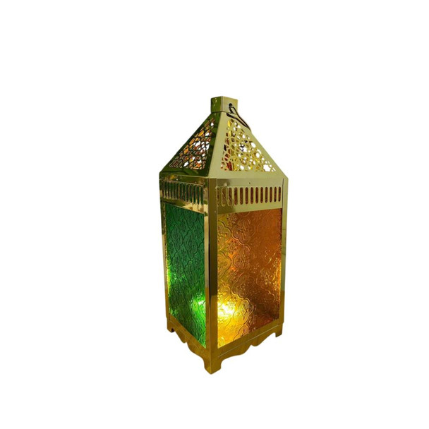 Gold Metal Ramadan Lantern with Multicolor Glass Panels | 7138-87 ...