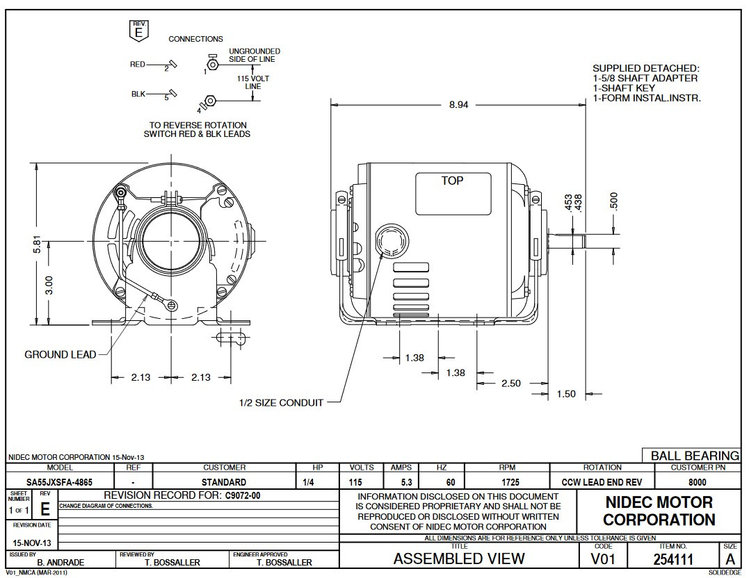 8000 Nidec | 1/4 hp 1725 RPM 48 Frame 115V Belt Drive Furnace Motor