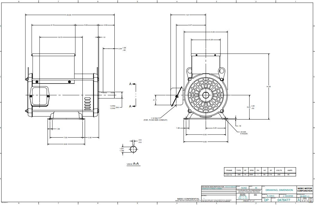 D10C1K21 Nidec | 10 hp 3600 RPM 215T Frame 230V Open Drip Nidec ...