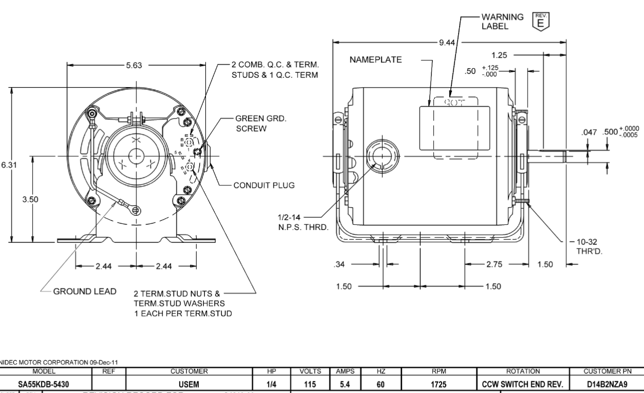 D14B2NZA9 Nidec 1/4 hp 1800 RPM 56Z Frame (Resilient Base) 1-Speed 115V ...