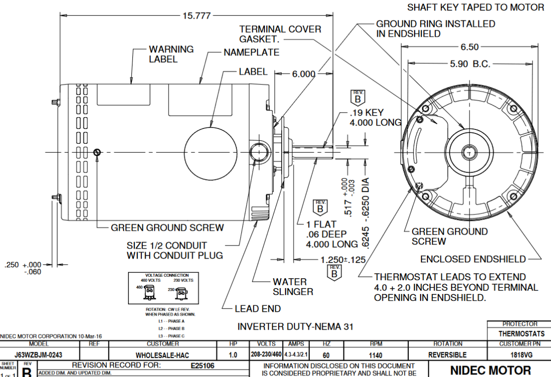 1818VG Nidec 1 hp 1140 RPM 208-230/460V 56YZ Frame (No Base) 1-Speed ...