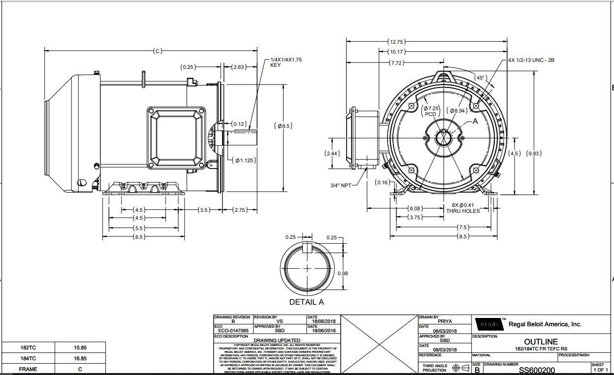GT1210A Marathon 3 hp 1800 RPM 182TC Frame TEFC C-Face (Rigid Base) 230 ...