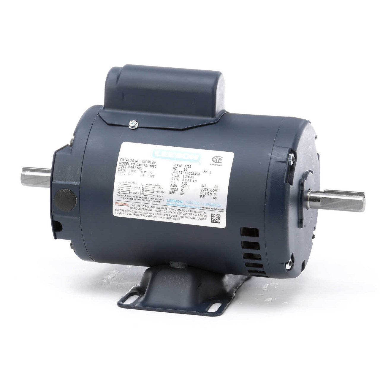 101781.00 Leeson | 1/2 hp 1725 RPM 115/208-230V Double Shafted Power ...