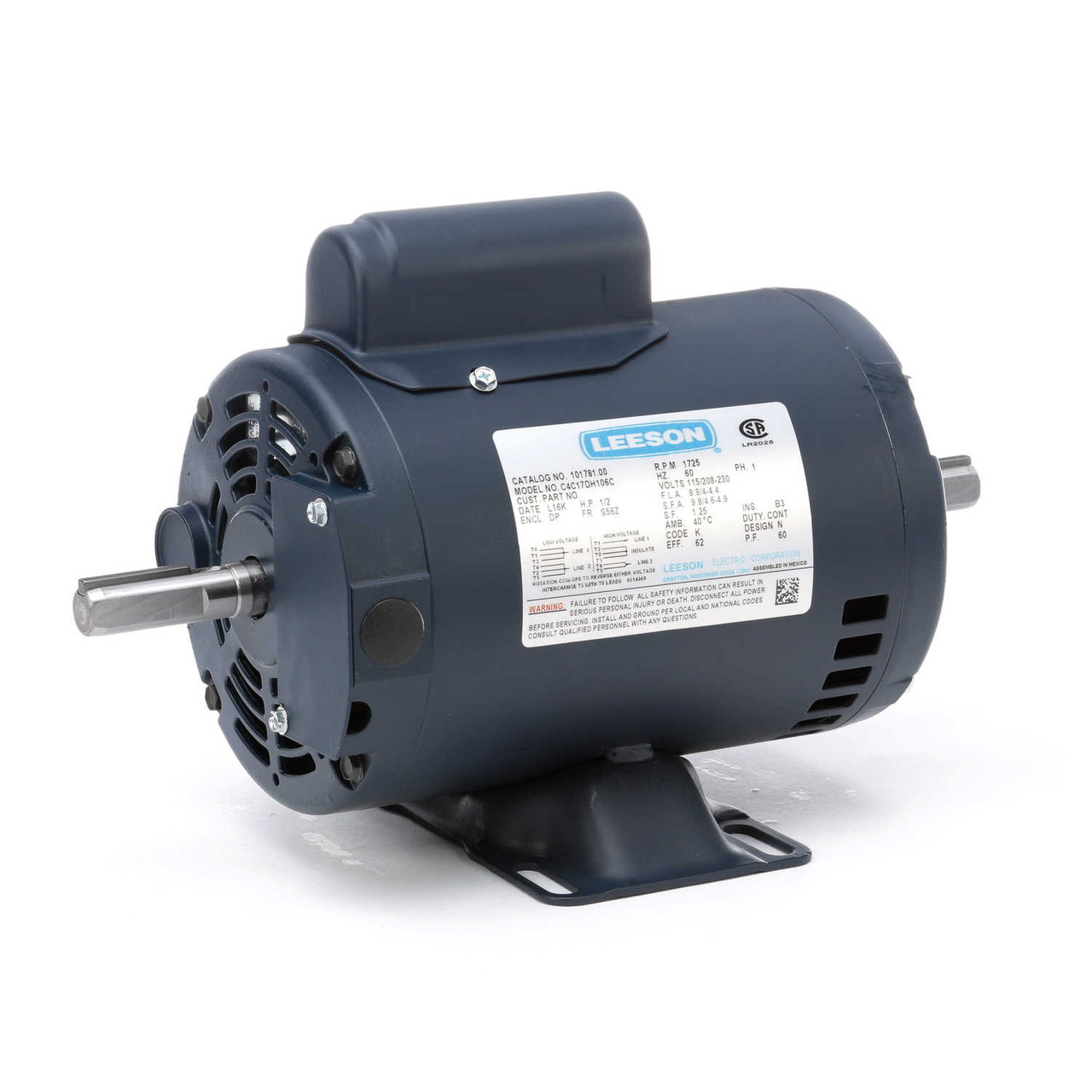 101781.00 Leeson | 1/2 hp 1725 RPM 115/208-230V Double Shafted Power ...