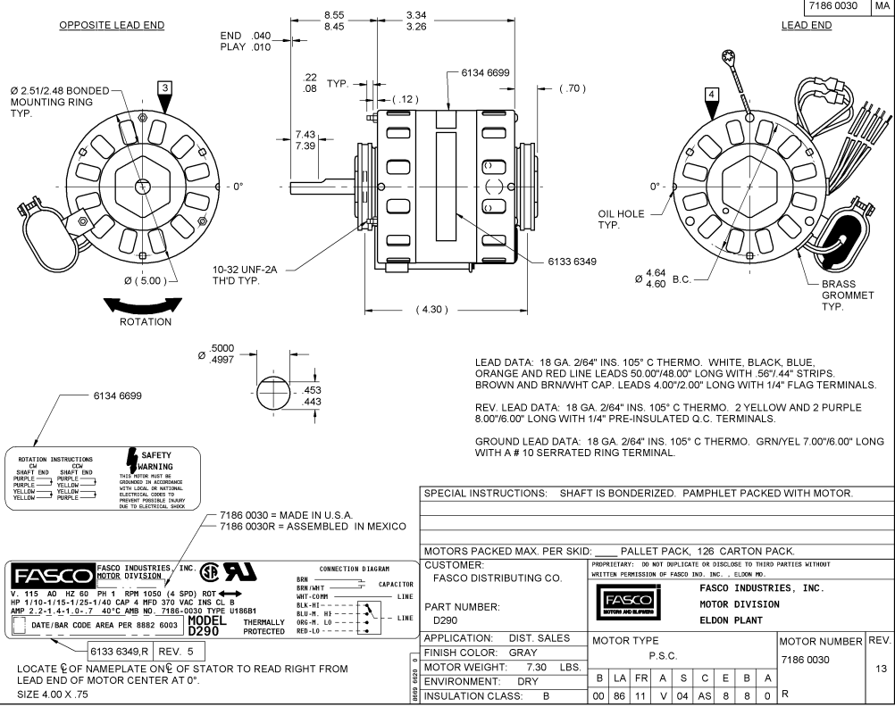 Fasco D290 Motor | 1/10 hp 1050 RPM 4-Speed 5" Diameter 115 Volts