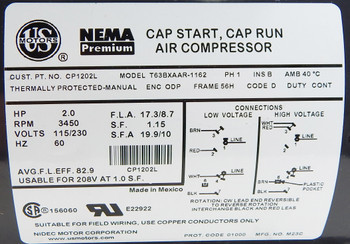 CP1202L Nidec 2 hp Replacement (1 speed) 115/230V 3600 RPM ODP 56 Frame ...