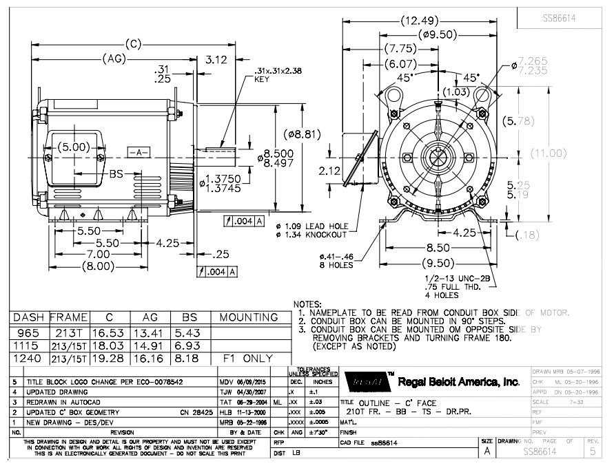 U405B Marathon 7.5 hp 1800 RPM 213TC Frame ODP C-Face (rigid Base) 230 ...