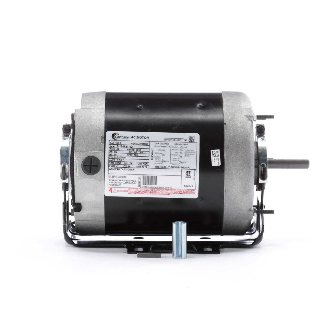 1/2 hp 1800 RPM 56Z Frame 230/115V Farm Building Belted Fan Century ...