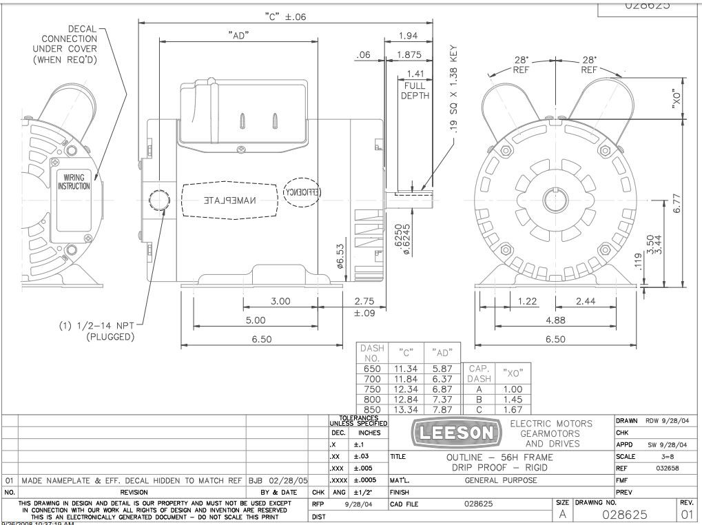 110398.00 Leeson | 1 1/2 hp 1425 RPM 56H Frame ODP Rigid Base 110/220V ...