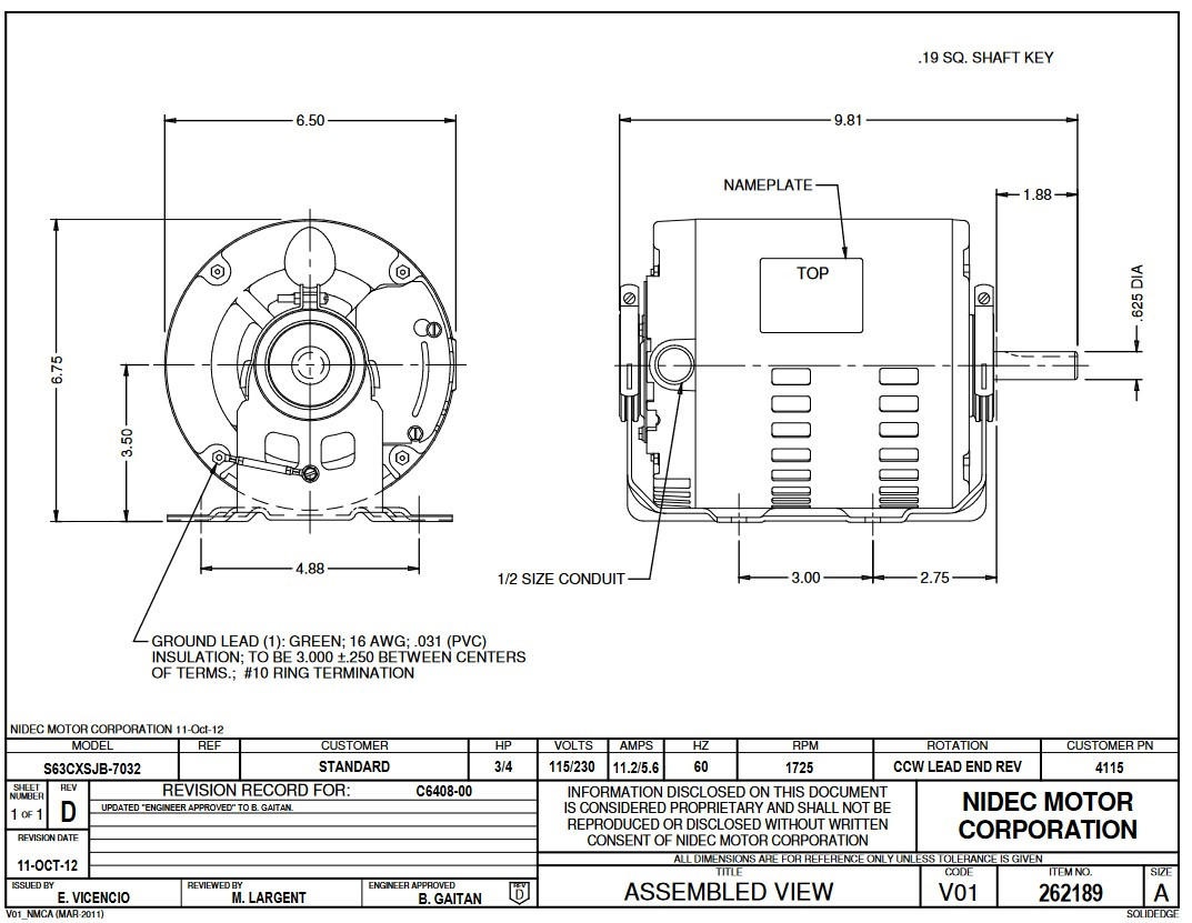 4115 Nidec | 3/4 hp 1725 RPM 1-Speed 115/230V; 6.5" Blower Motor