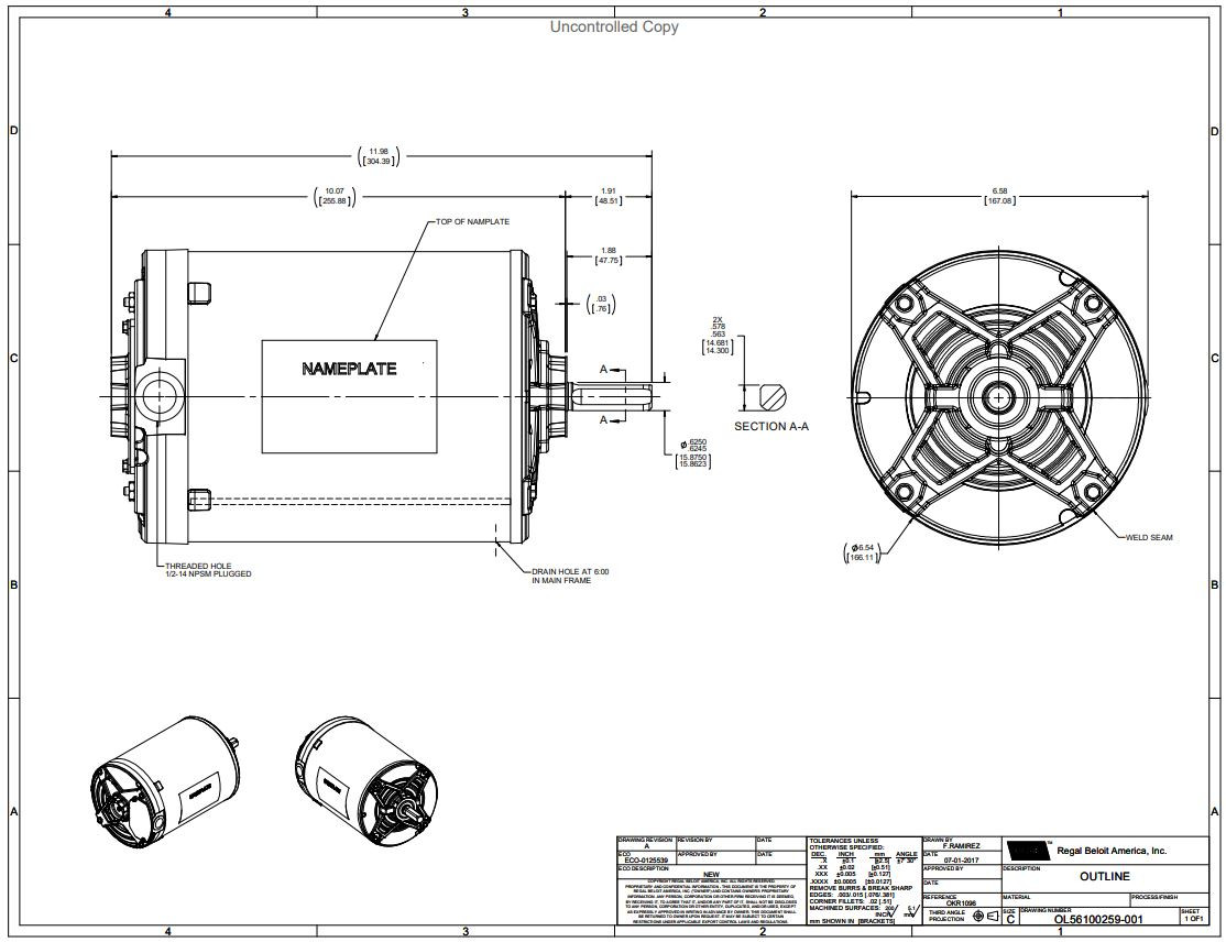 OKR1096V1 Century | Krack Condenser Motor 11096 | 1/2 hp 1140 RPM 208 ...