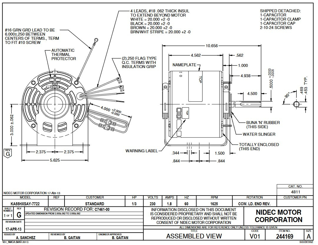 4811 Nidec | 1/3 hp 1625 RPM 1-Speed 230V; 5.6" Condenser Motor
