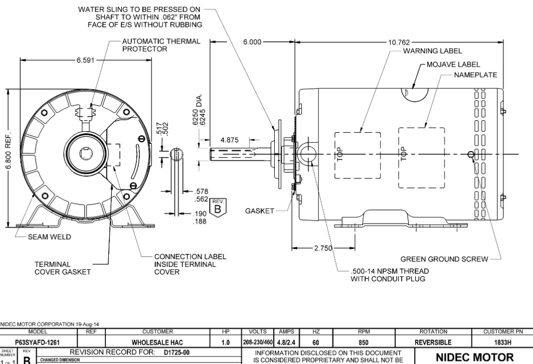 1833H Nidec 1 hp 850 RPM 208-230/460V 56Z Frame (Rigid Base) 1-Speed ...