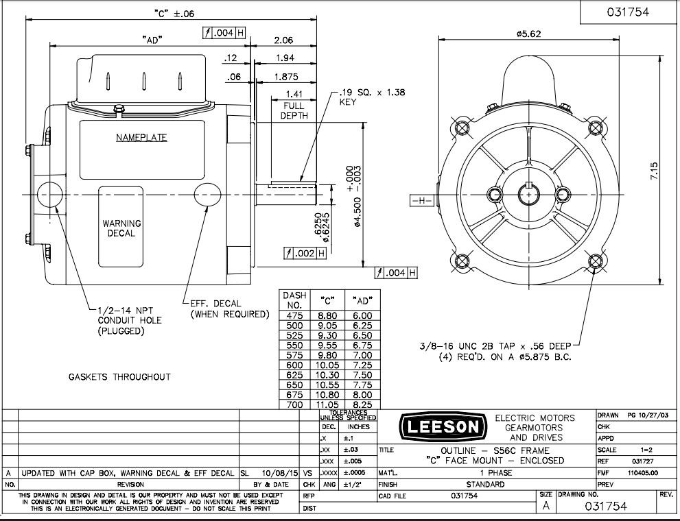 102867.00 Leeson | 1/3 hp 1800 RPM 56C Frame TENV C-Face (no base) 115/ ...