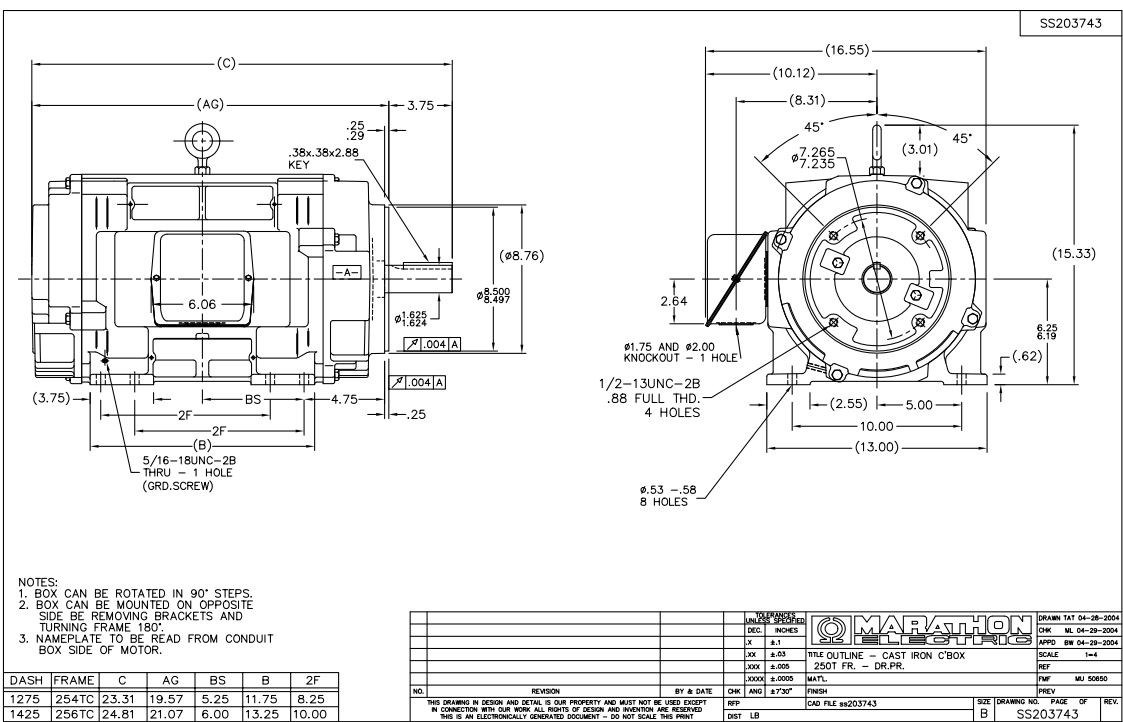 U436A Marathon 15 hp 1760 RPM 254TC Frame ODP C-Face (rigid Base) 208 ...