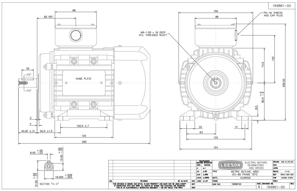 192022.00 Leeson | 1/3 hp 0.25 kw 1200 RPM D80 Frame 230/460V Electric ...