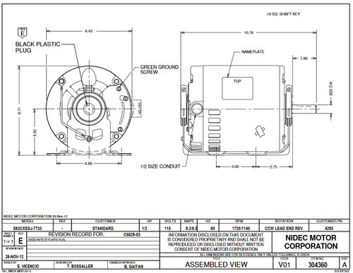 4293 Nidec | 1/2 hp 1725/1140 RPM 2-Speed 115V; 6.5" Blower Motor