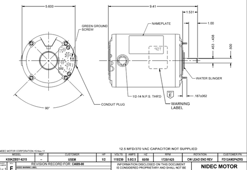 FD12AM2P4ZRS Nidec 1/2 HP 1800 RPM ( 1 speed) 115/230V 48YZ Frame TEAO ...