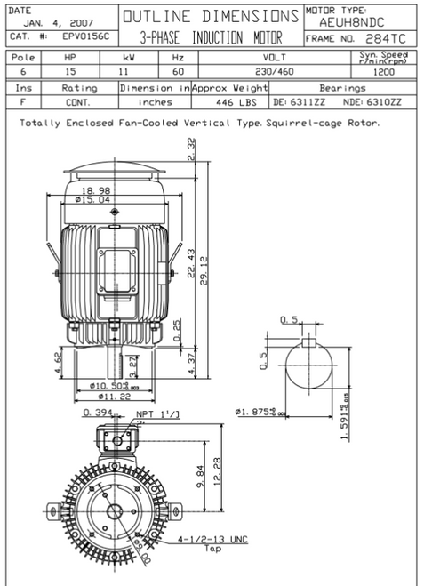 EPV0156C TECO-Westinghouse 15 hp 1200 RPM 284TC Vertical 230/460V TEFC ...