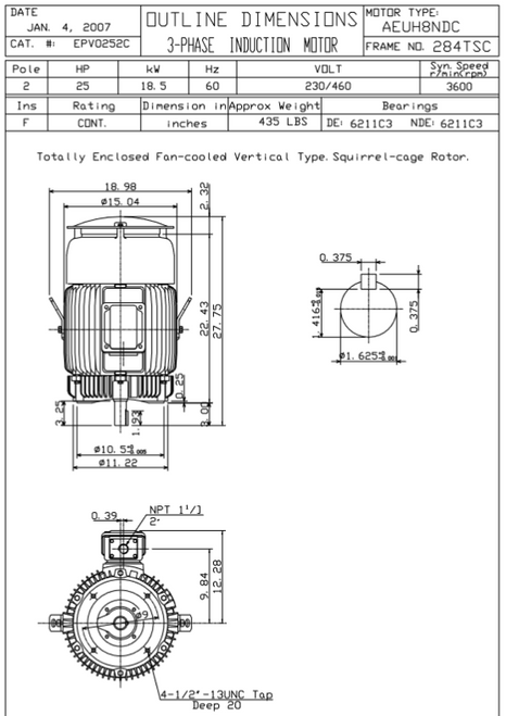 EPV0252C TECO-Westinghouse 25 hp 3600 RPM 284TSC Vertical 230/460V TEFC ...