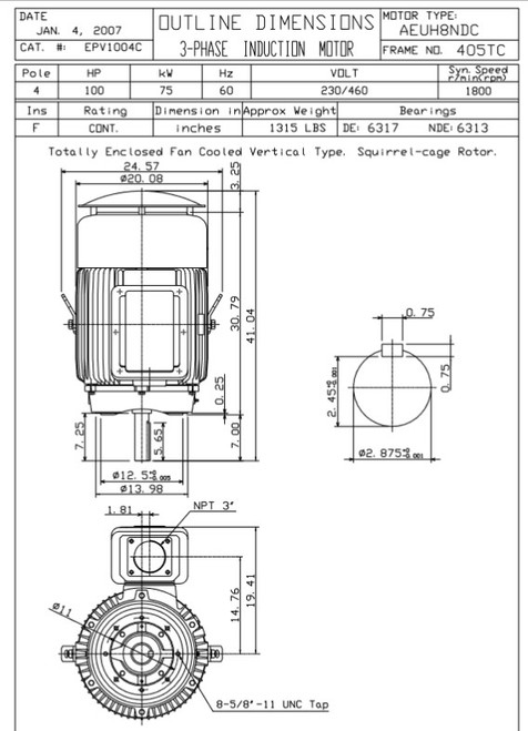 EPV1004C TECO-Westinghouse 100 hp 1800 RPM 405TC Vertical 230/460V TEFC ...