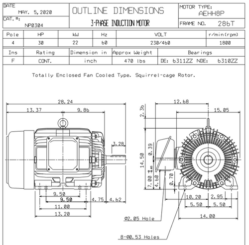 NP0304 TECO-Westinghouse 30 hp 1800 RPM 286T 230/460V TEFC Severe Duty ...