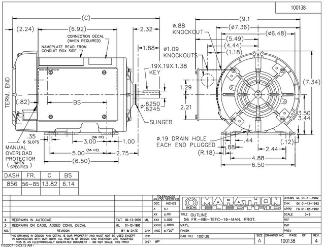 F105 Marathon 1.5 hp 1725 RPM 56H Frame TEFC (Farm Duty)115/208-230V ...