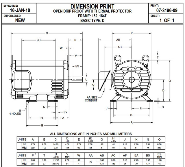 D32P3D Nidec | 1.5 hp 1200 RPM 182T Frame 208-230/460V ODP Motor ...