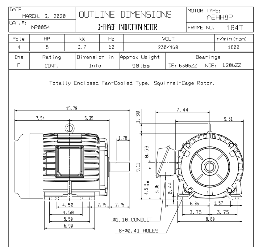 NP0054 TECO Westinghouse 5 hp 1800 RPM 184T Frame 230/460V TEFC 3-Phase ...