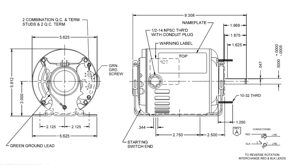 D16B2N4Z9 Nidec 1/6 hp 1800 RPM 1-Speed 48Z Frame (Resilient Base) 1 ...